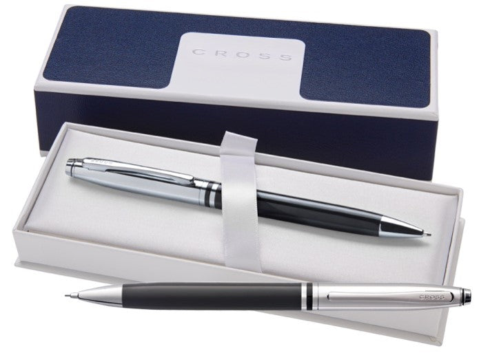 CROSS AVITAR BLACK LACQUER BALLPOINT PEN/PENCIL SET WITH CHROME PLATED ...